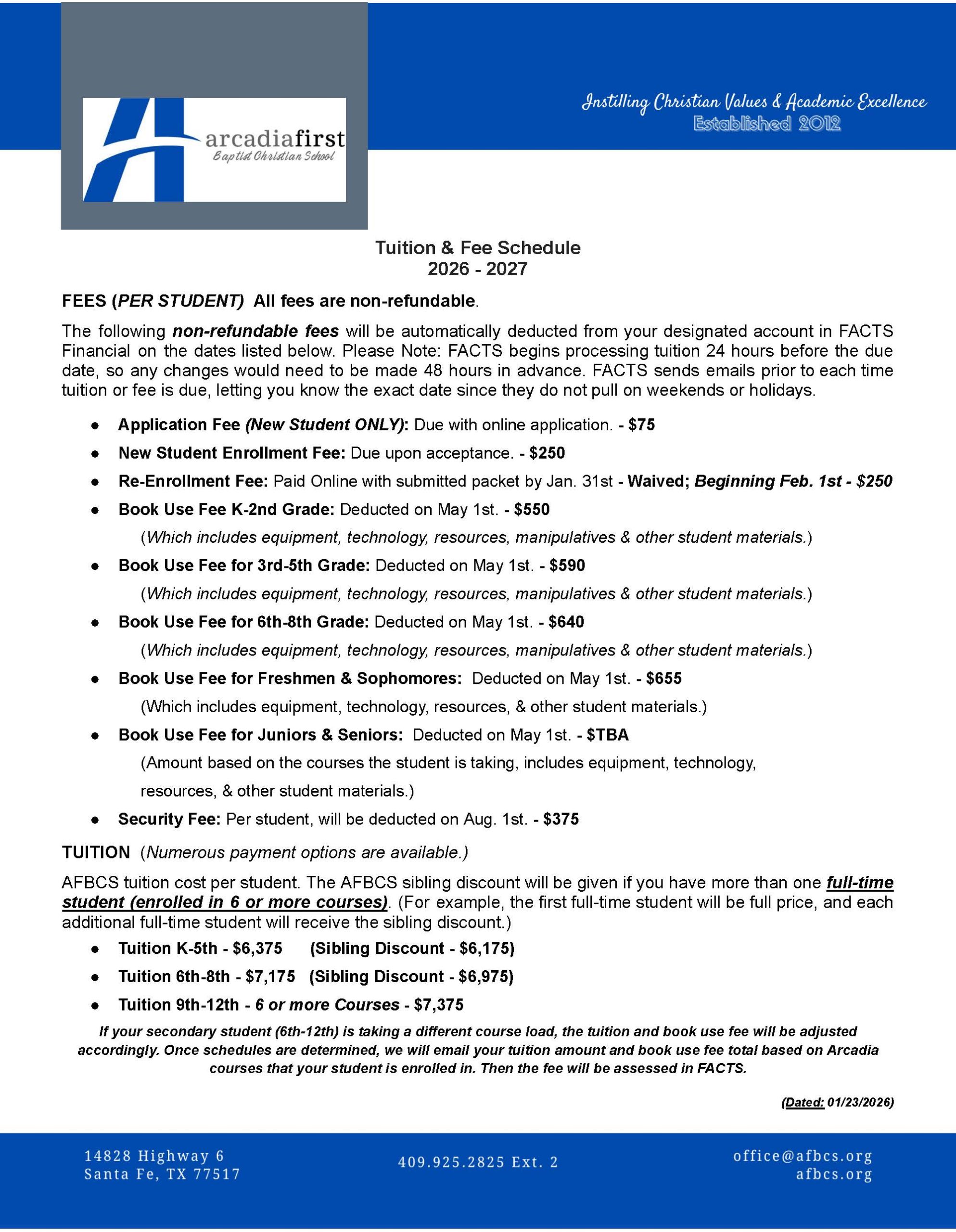 Tuition & Fees – Arcadia First Baptist Christian School